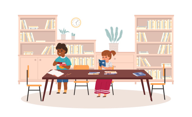 图书馆里的孩子读书学习知识阅读室阅览室内部_漫品狗_MG动画短片素材_flash源文件_动漫矢量图免费素材网